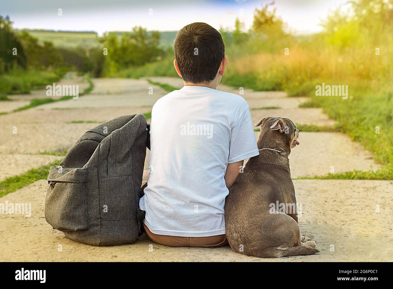 child looks boldly into the future. Kid with a dog sit with his back ...