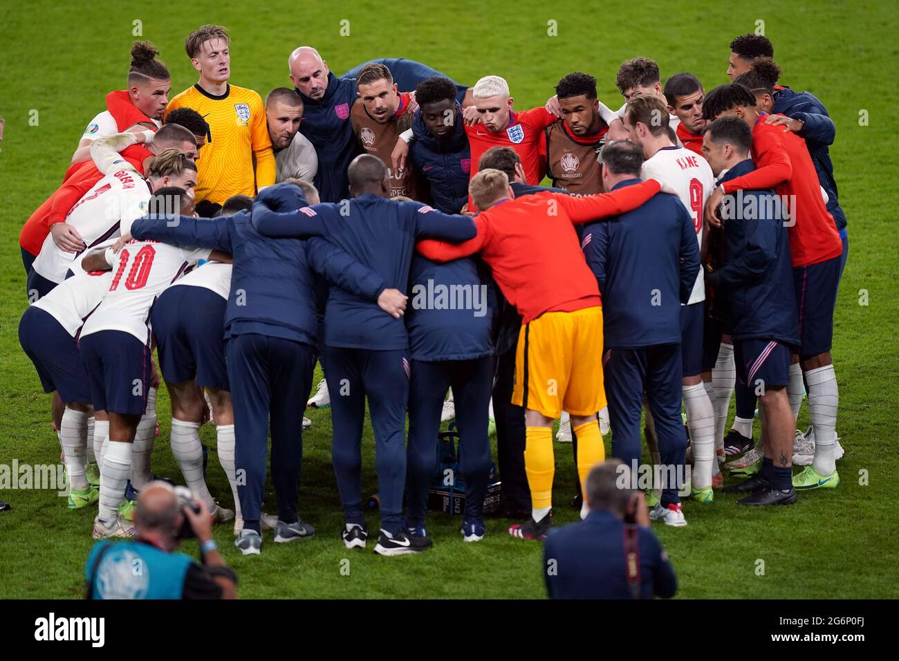 England have a team huddle before the start of extra time during the ...