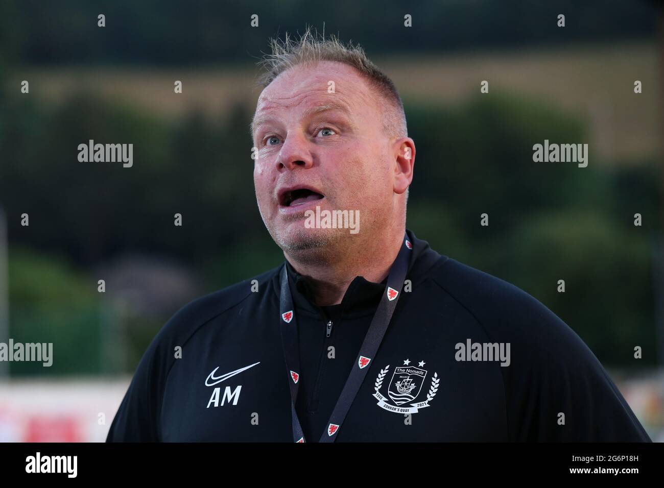 Connah's Quay Nomads coach Andrew Morrison talks to the media after the ...