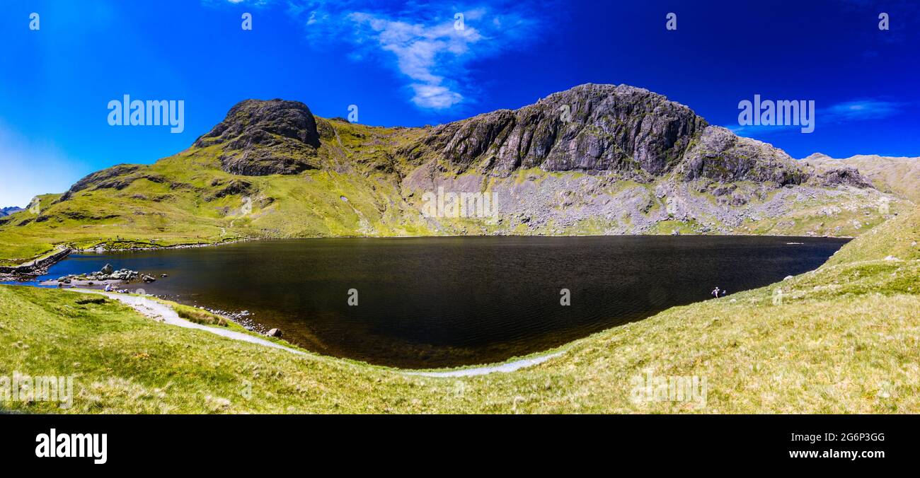 Aerial view of Stickle Tarn lake, the Lake District, Great Langdale ...