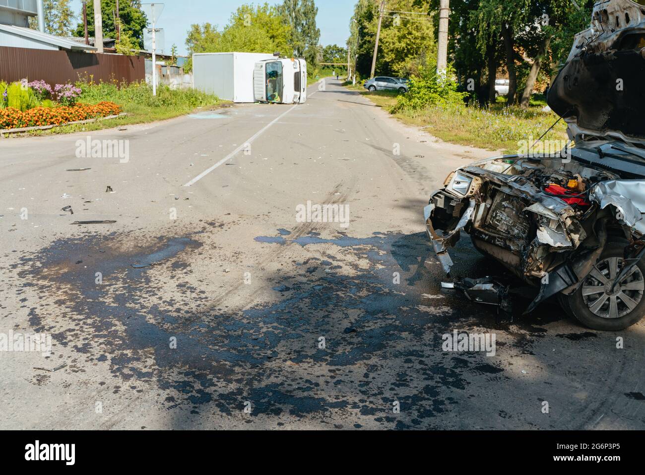 The truck collided with a passenger car. Car accident Stock Photo - Alamy