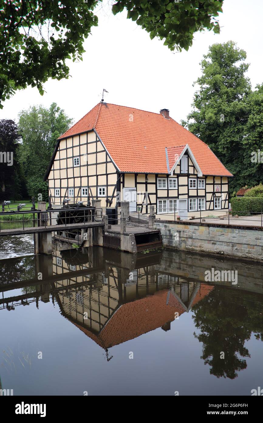Ems-Wehr an der Schlossmühle im Schlosspark von Schloss Rheda, Rheda ...