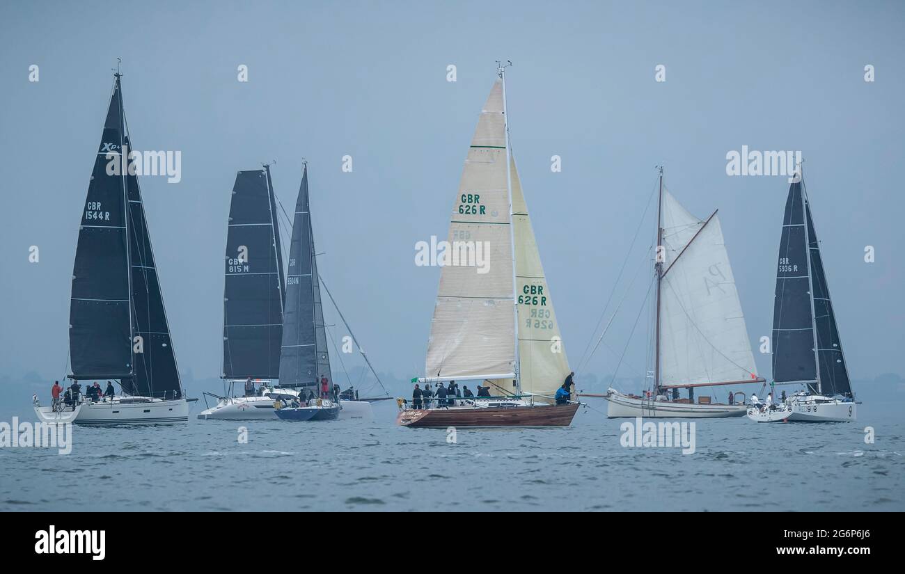Sailing boats on the water in the Round The Isle of Wight Sailing Race ...