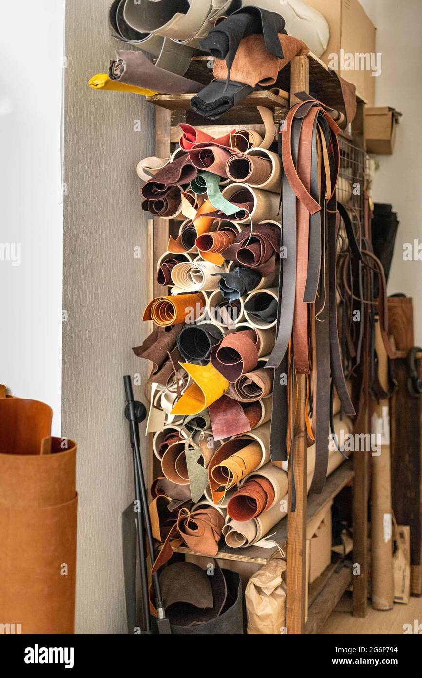 Material for creating handmade production at leather workshop. Storage ...