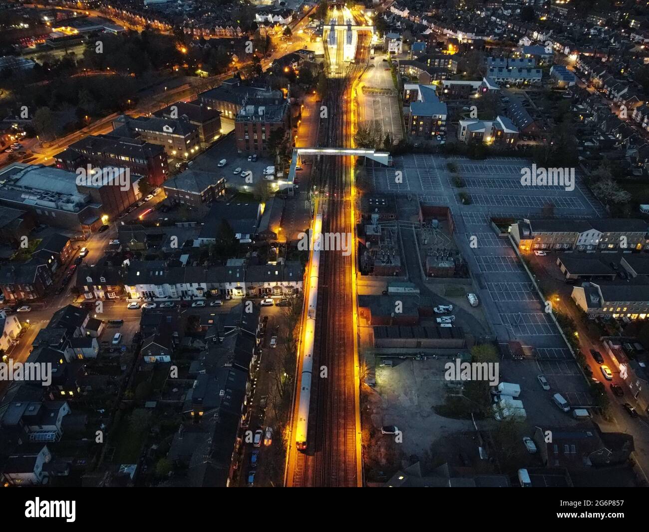 Aerial view of Horsham Railway Station at night, Horsham West Sussex ...