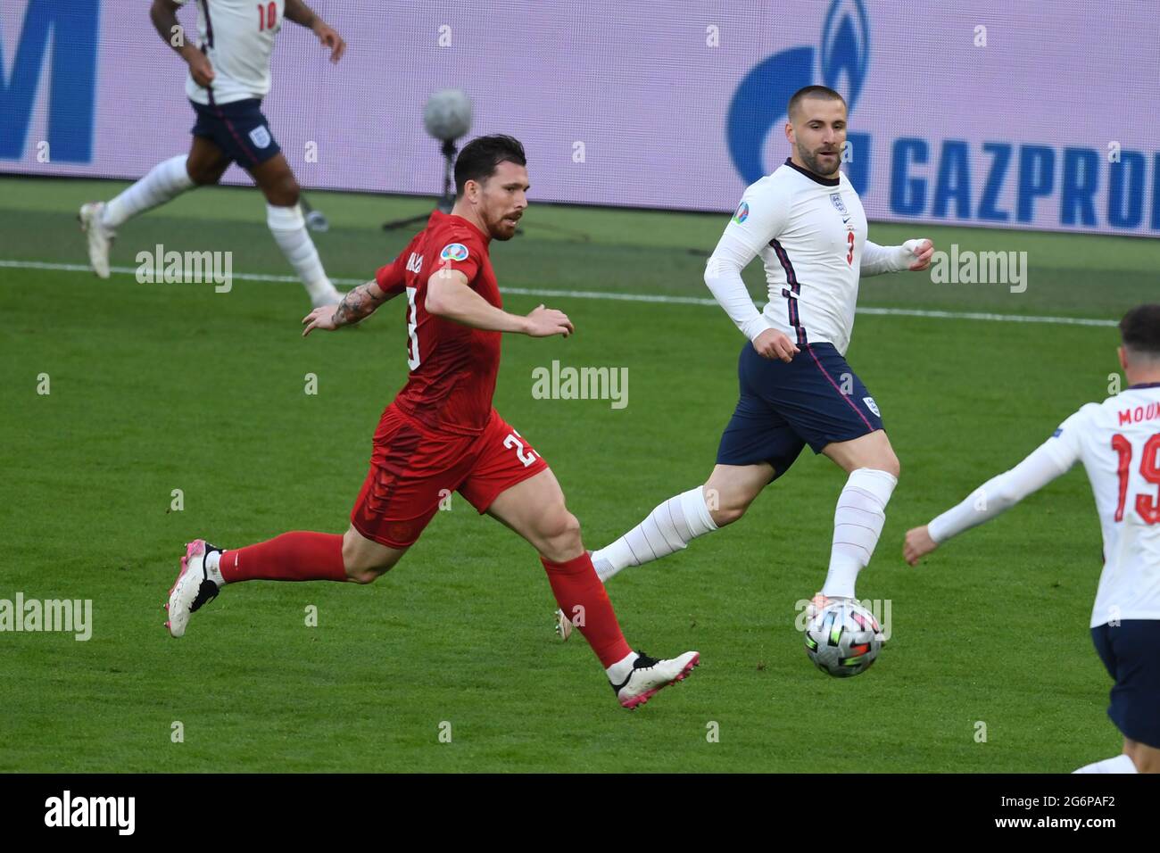 Pierre-Emile Hojbjerg (Denmark)Luke Shaw (England) during the Uefa ...