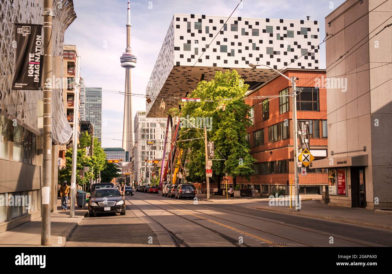 TORONTO, CANADA - 06 05 2021: Sunny summer day view along McCaul Street ...