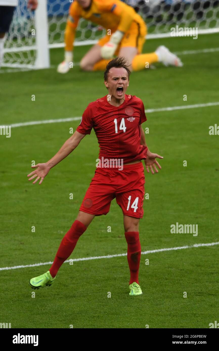 Mikkel Damsgaard (Denmark) celebrates after scoring his team's first ...
