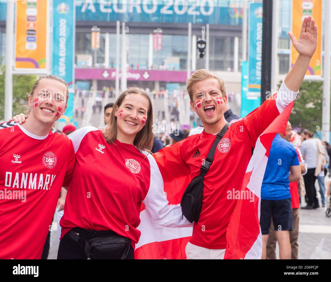 London, UK. 7th July, 2021. Denmark fans excited before the UEFA Euro ...