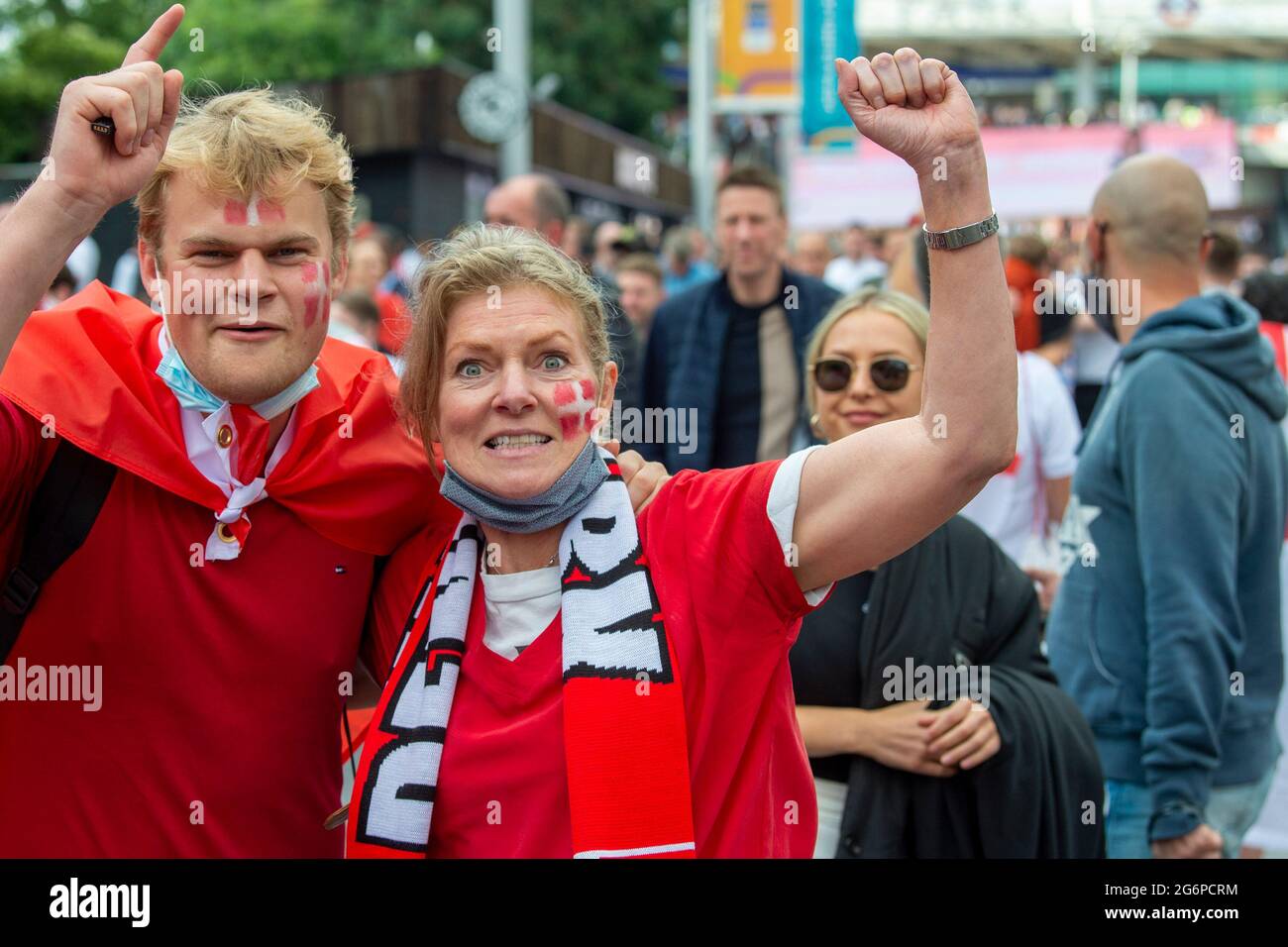 Danish fans seen gesturing outside Wembley Stadium ahead of the England ...
