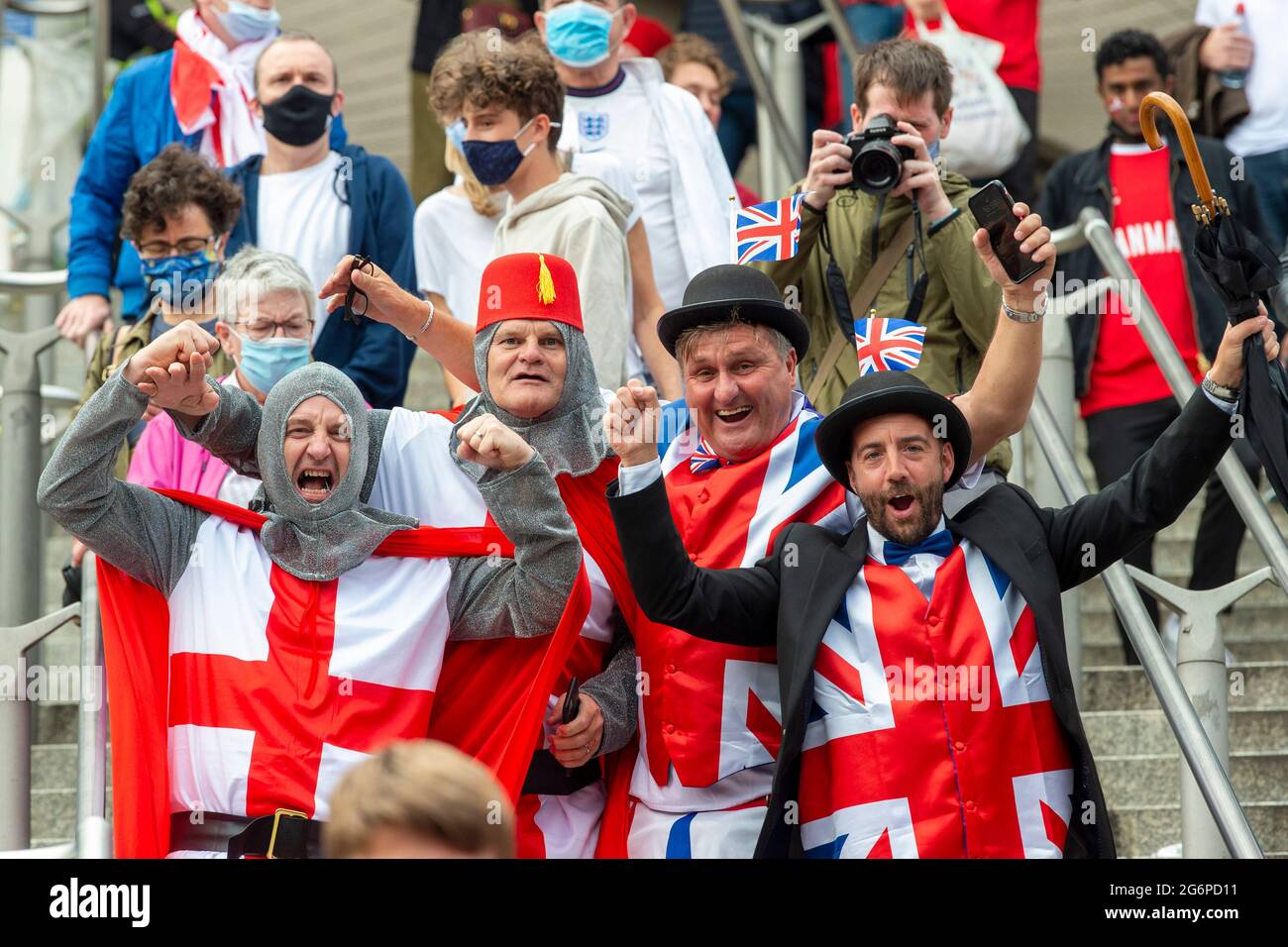 London, UK. 07th July, 2021. England fan arrive in costumes at Wembley ...