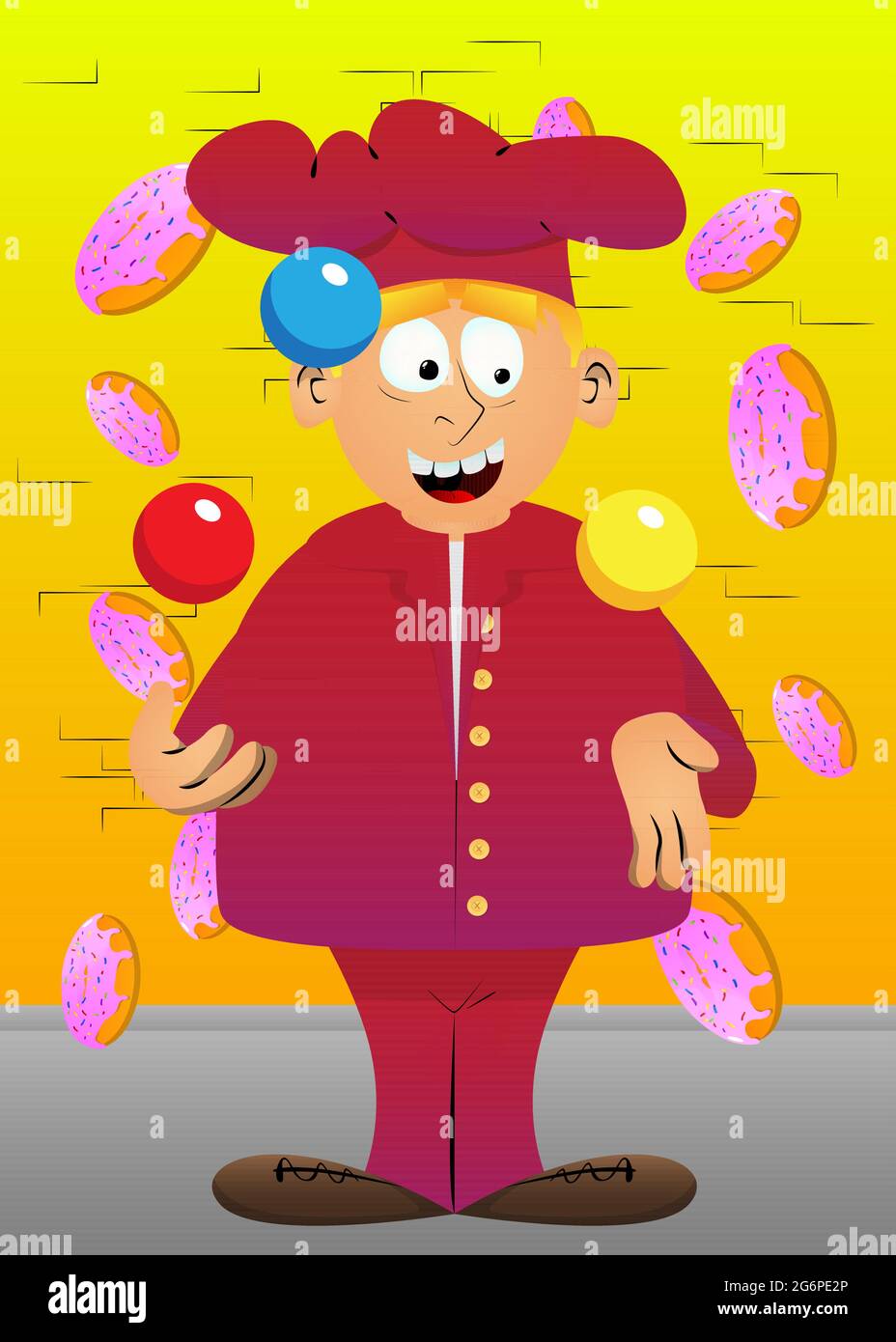 Fat male cartoon chef in uniform as a juggler. Vector illustration ...