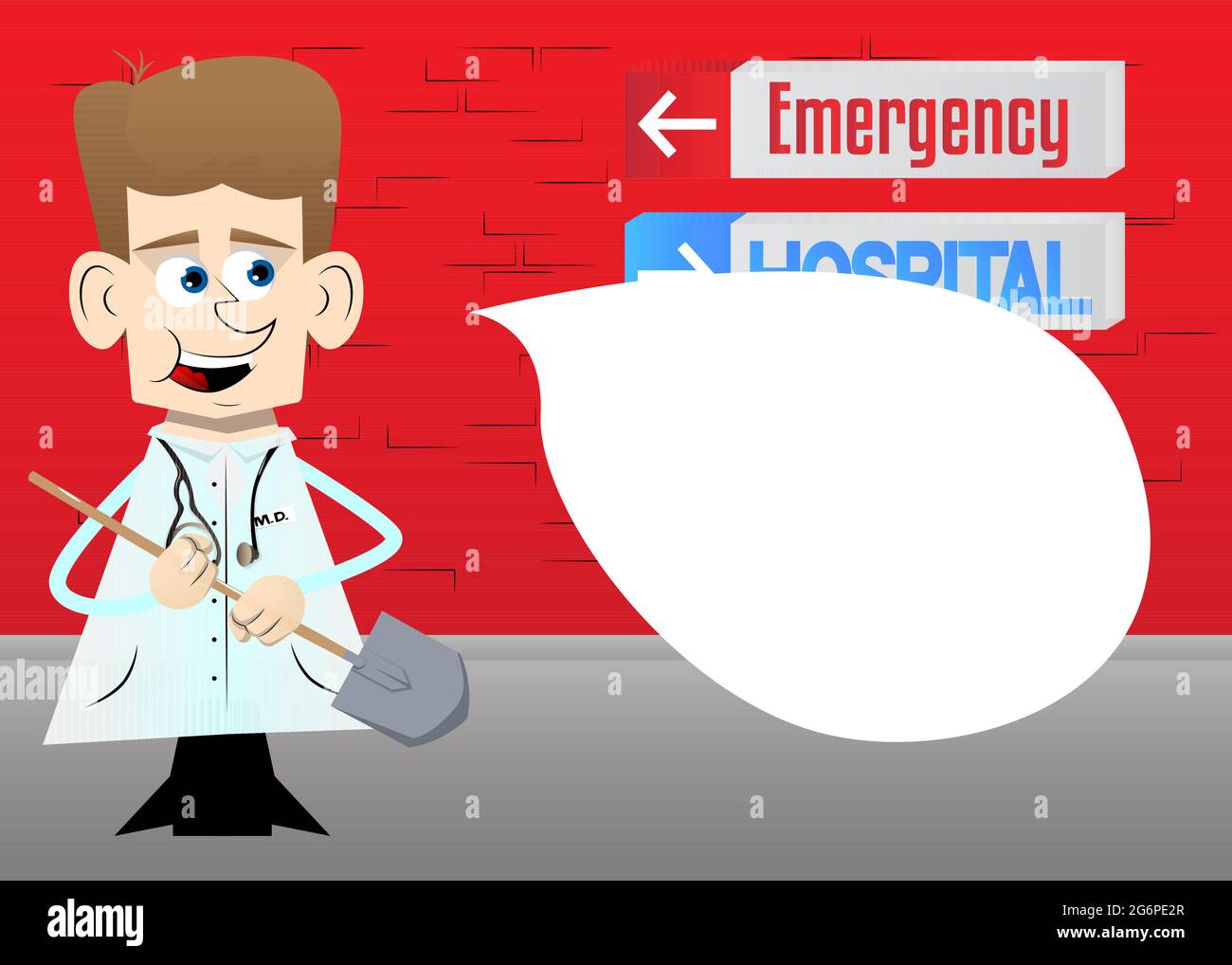 Funny cartoon doctor holding a shovel. Vector illustration. Health care ...