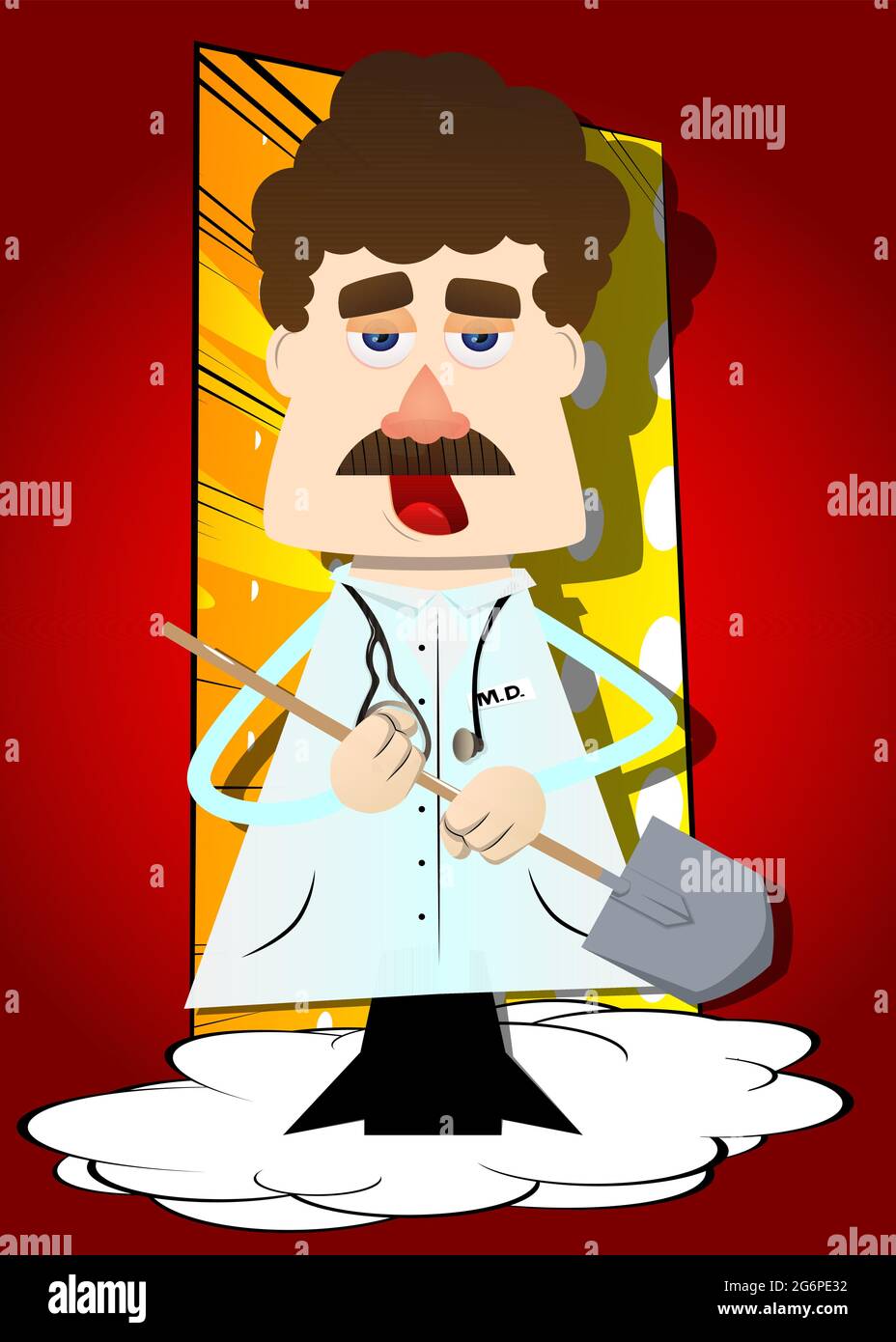 Funny cartoon doctor holding a shovel. Vector illustration. Health care ...