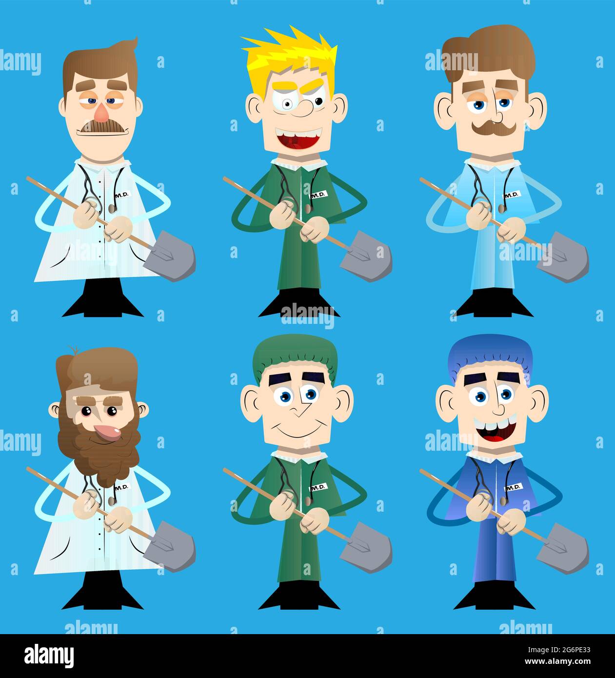Funny cartoon doctor holding a shovel. Vector illustration. Health care ...