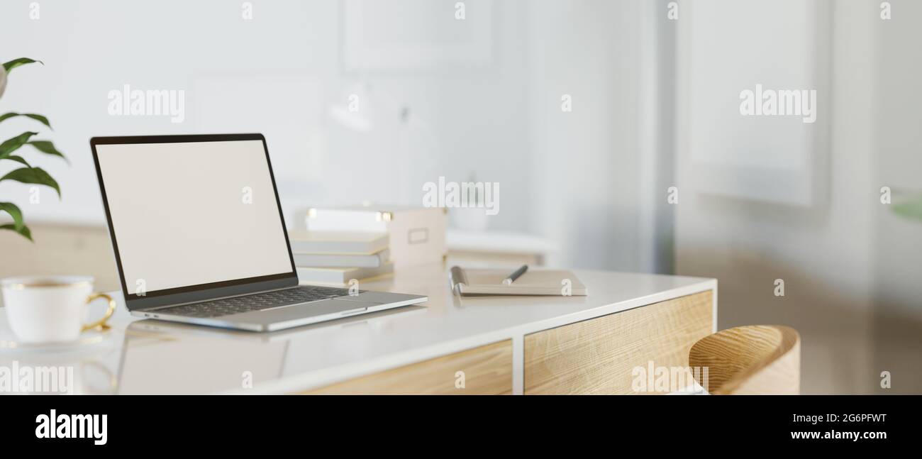 Modern workspace with mock up laptop computer, 3D rendering, 3D ...