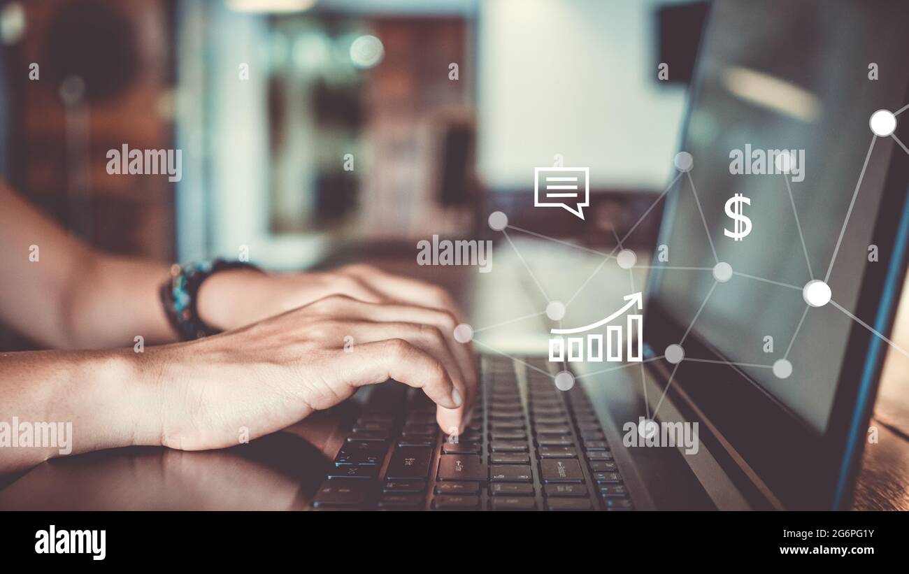 Woman use technology devices smartphone and laptop to work or study do ...