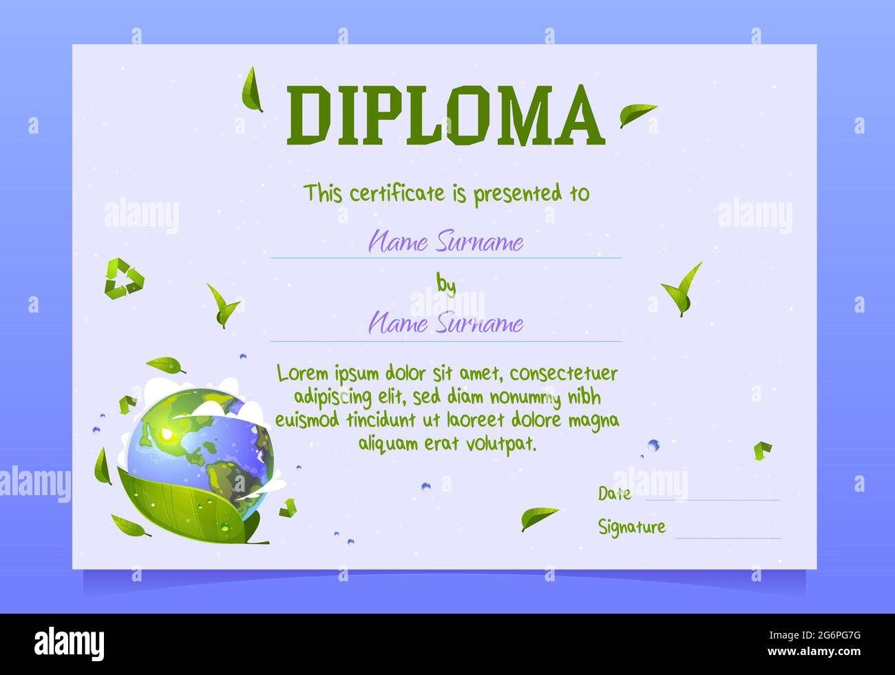 Diploma presented for ecology and environment save with Earth globe ...
