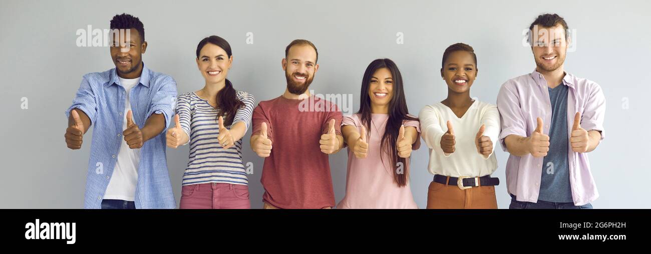 Banner with diverse group of happy satisfied people smiling and giving ...