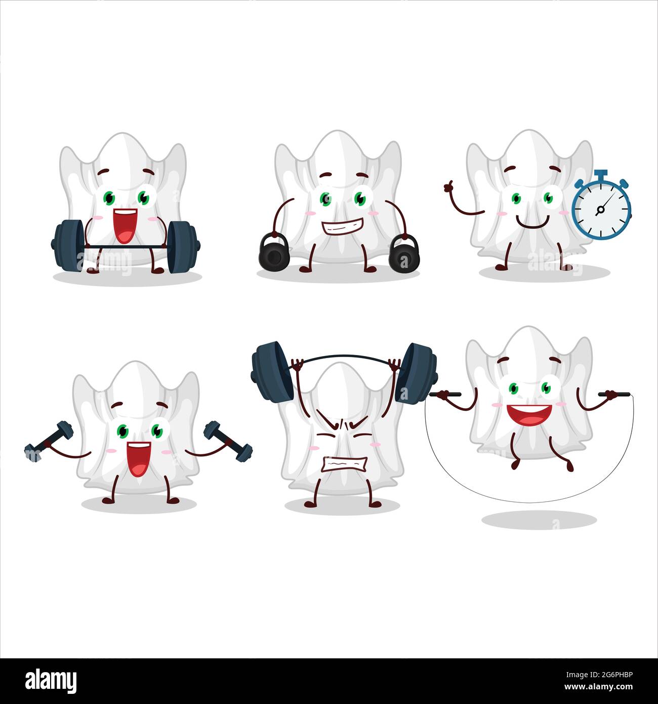 A healthy ghost white cartoon style trying some tools on Fitness center ...