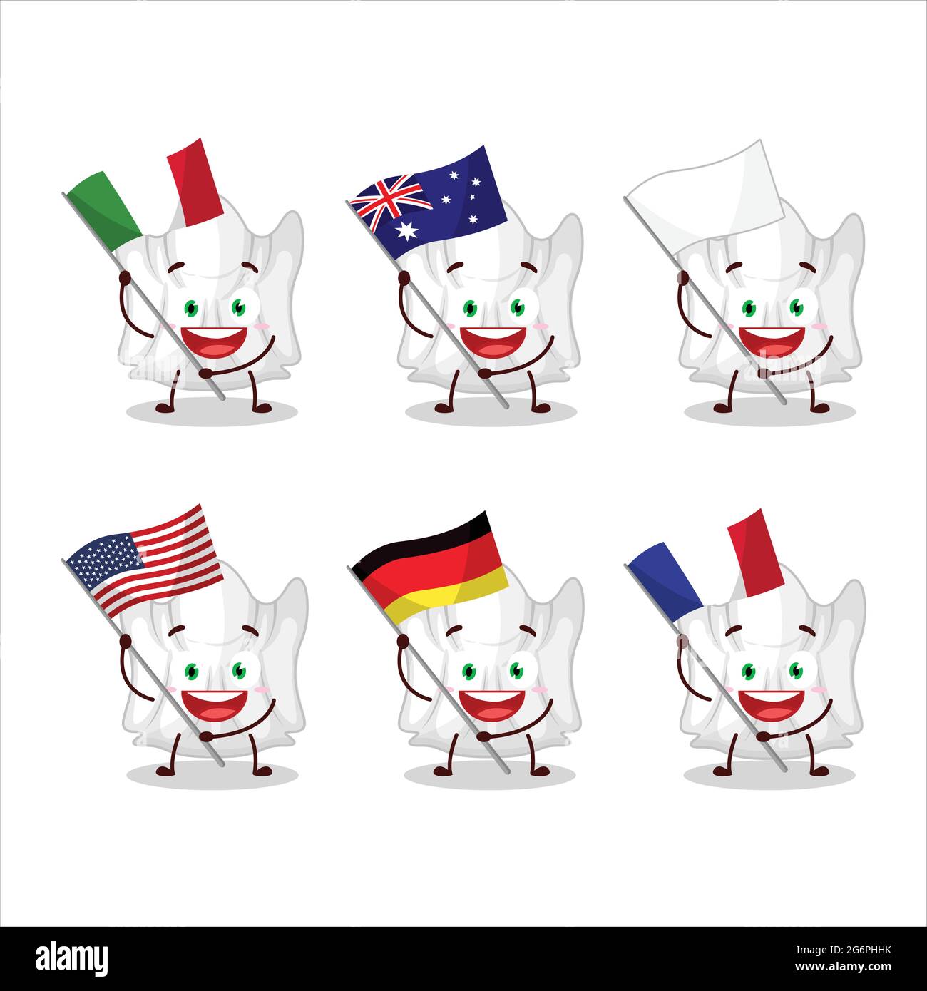 Ghost white cartoon character bring the flags of various countries ...