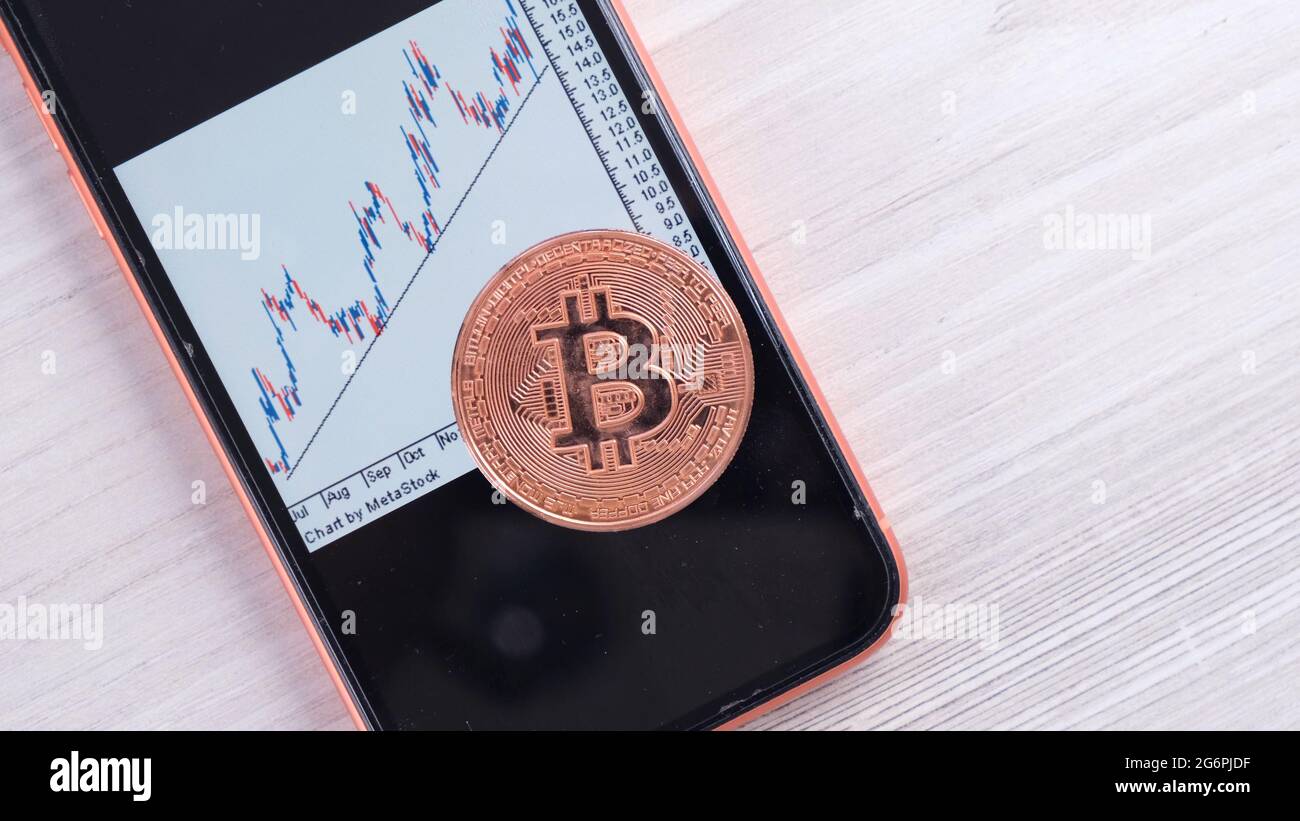 Smartphone with Bitcoin trading chart on the screen. gold Bitcoin Cash ...