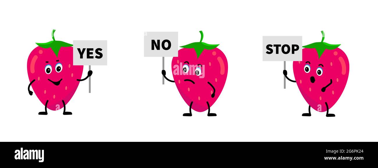 Cartoon character strawberry berries, holding a sign with words NO ...