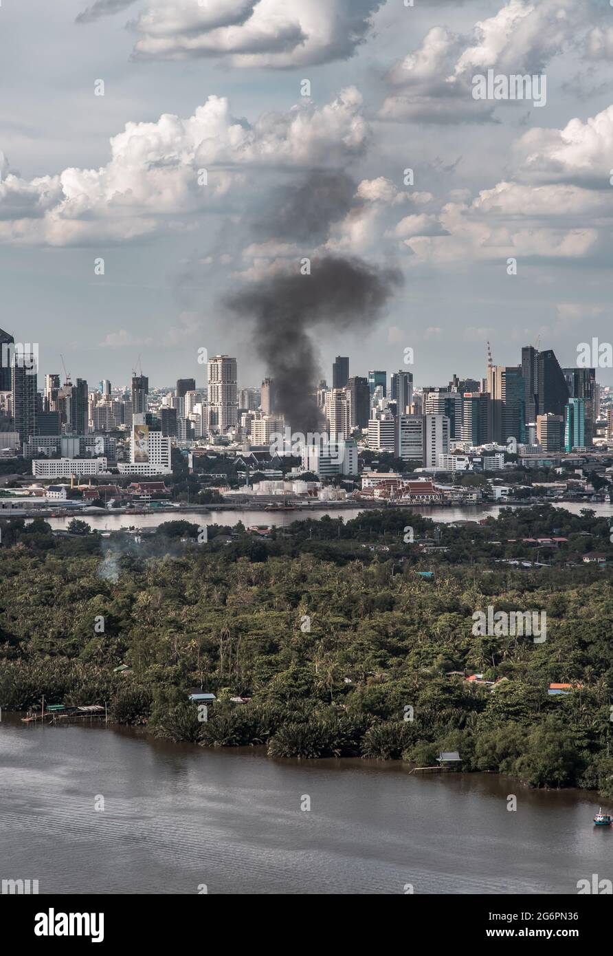 Bangkok, Thailand - 04 Jul, 2021 : Plume of smoke clouds from burnt ...