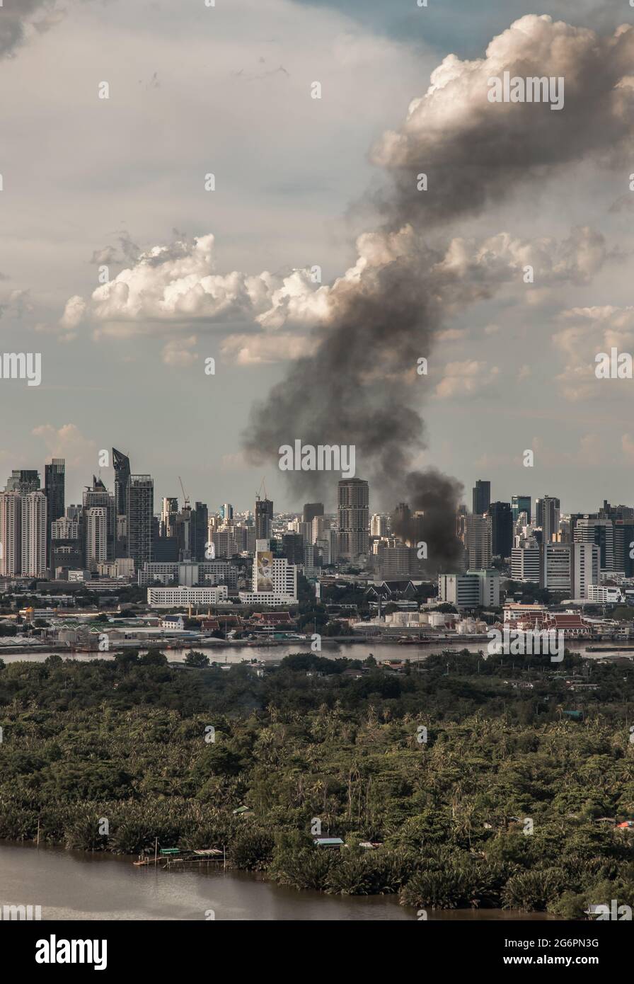 Bangkok, Thailand - 04 Jul, 2021 : Plume of smoke clouds from burnt ...