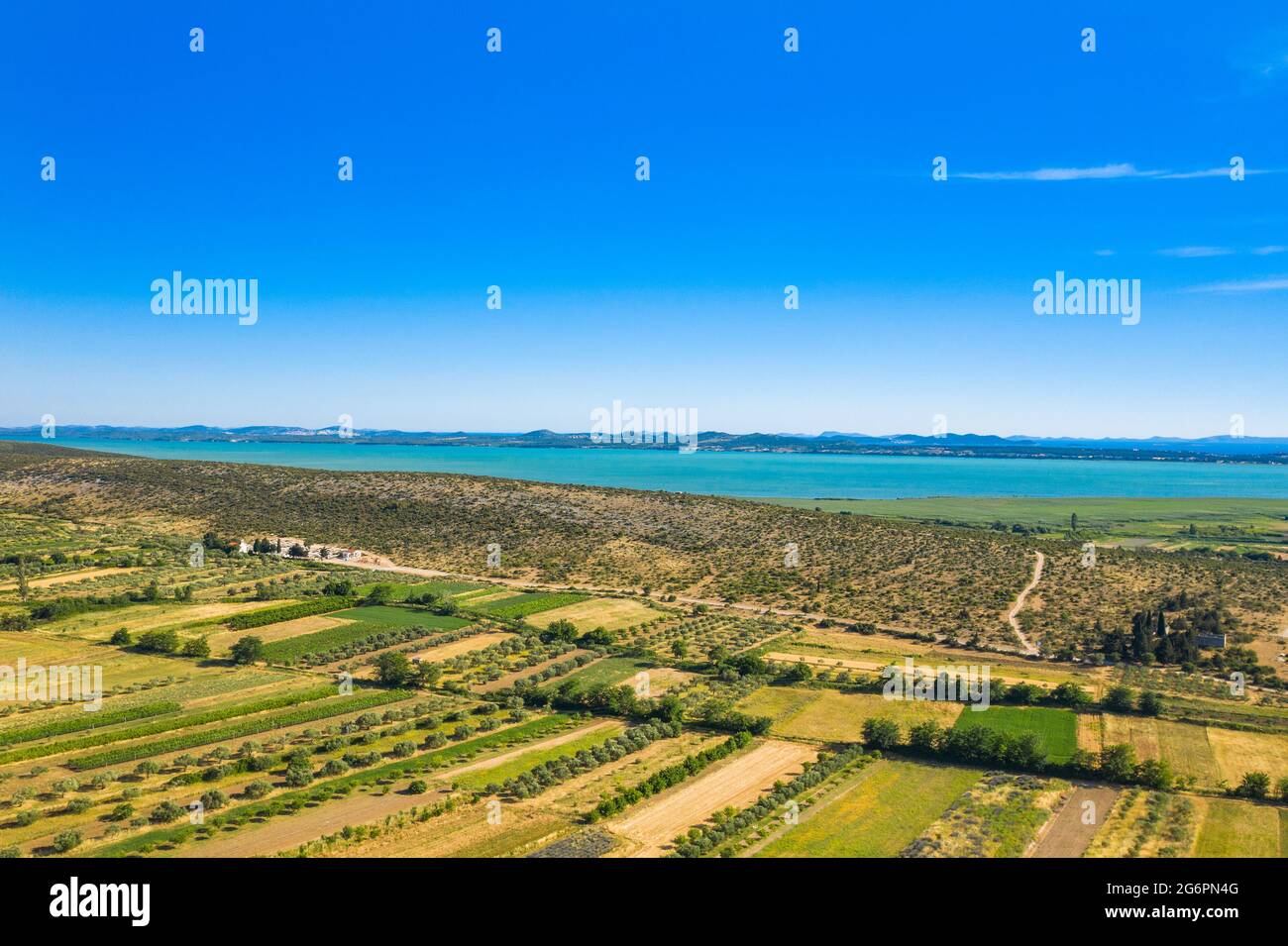 Aerial view of Vransko lake and agriculture fields, Dalmatia, Croatia ...