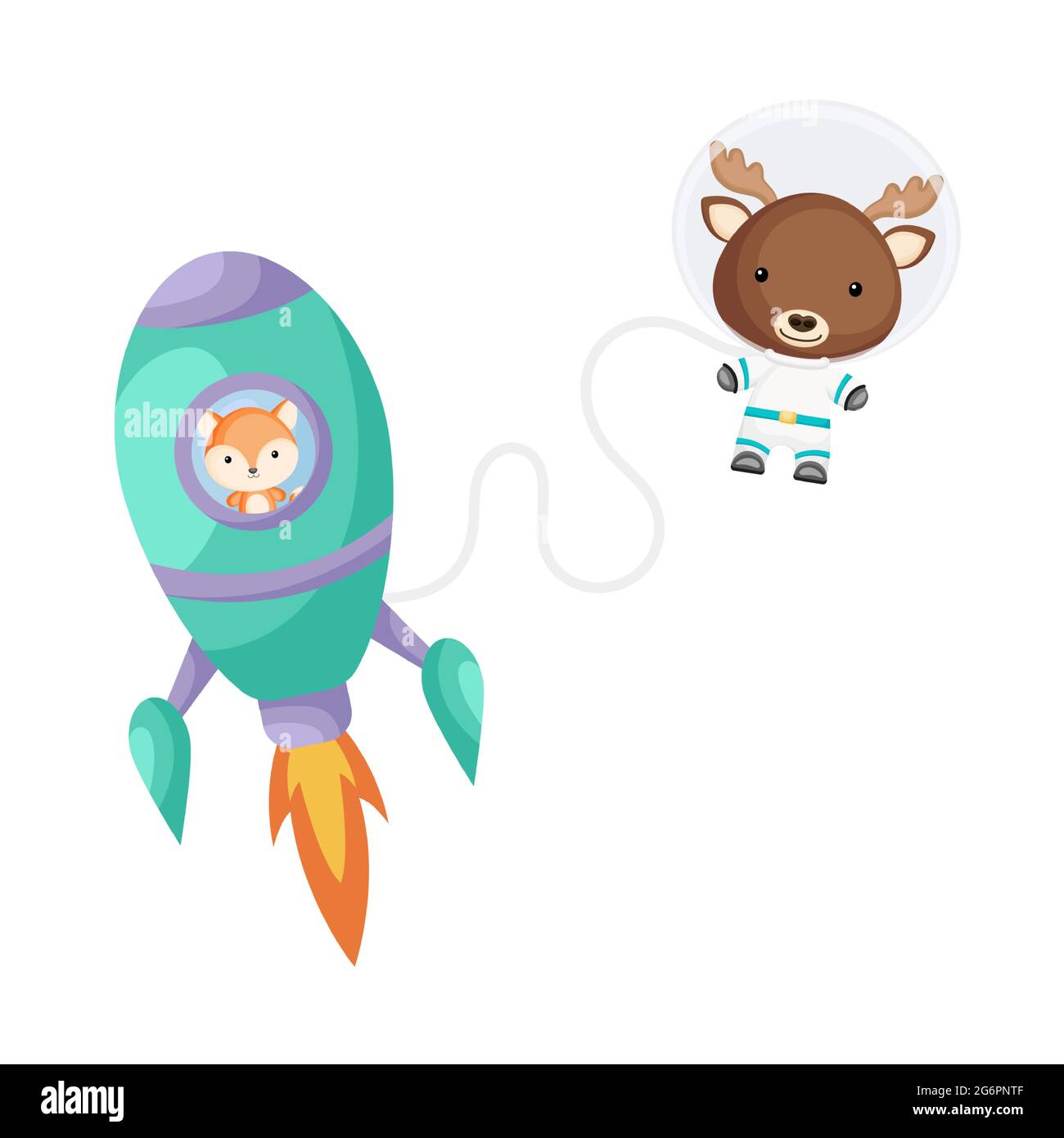Cute little fox flying in turquoise rocket. Cartoon moose character in ...