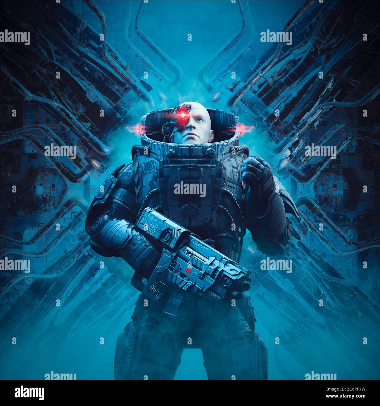 Cyberpunk soldier alien machinery / 3D illustration of science fiction ...