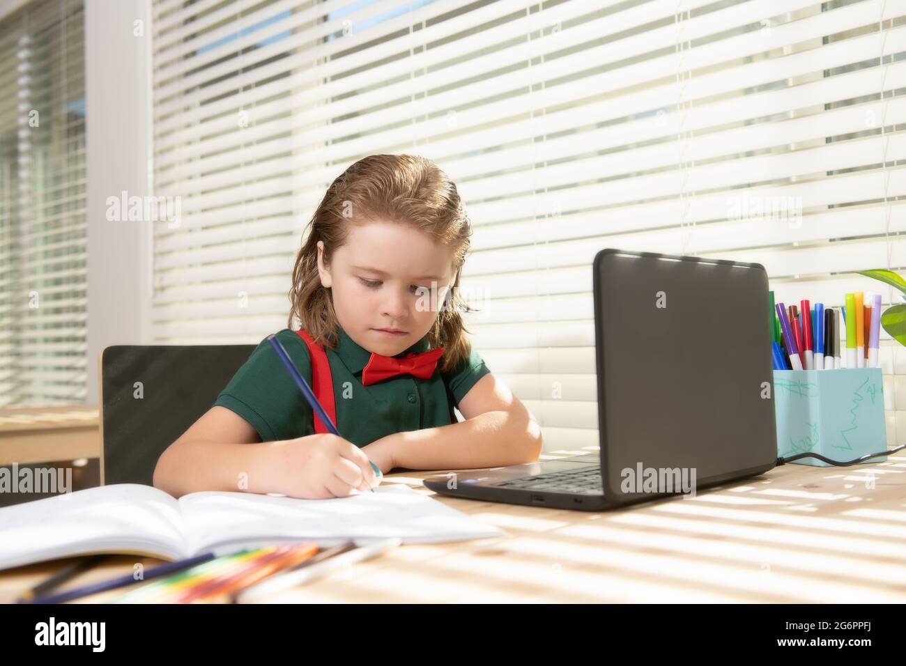 Serious school boy concentrated on drawing when sitting near laptop at ...