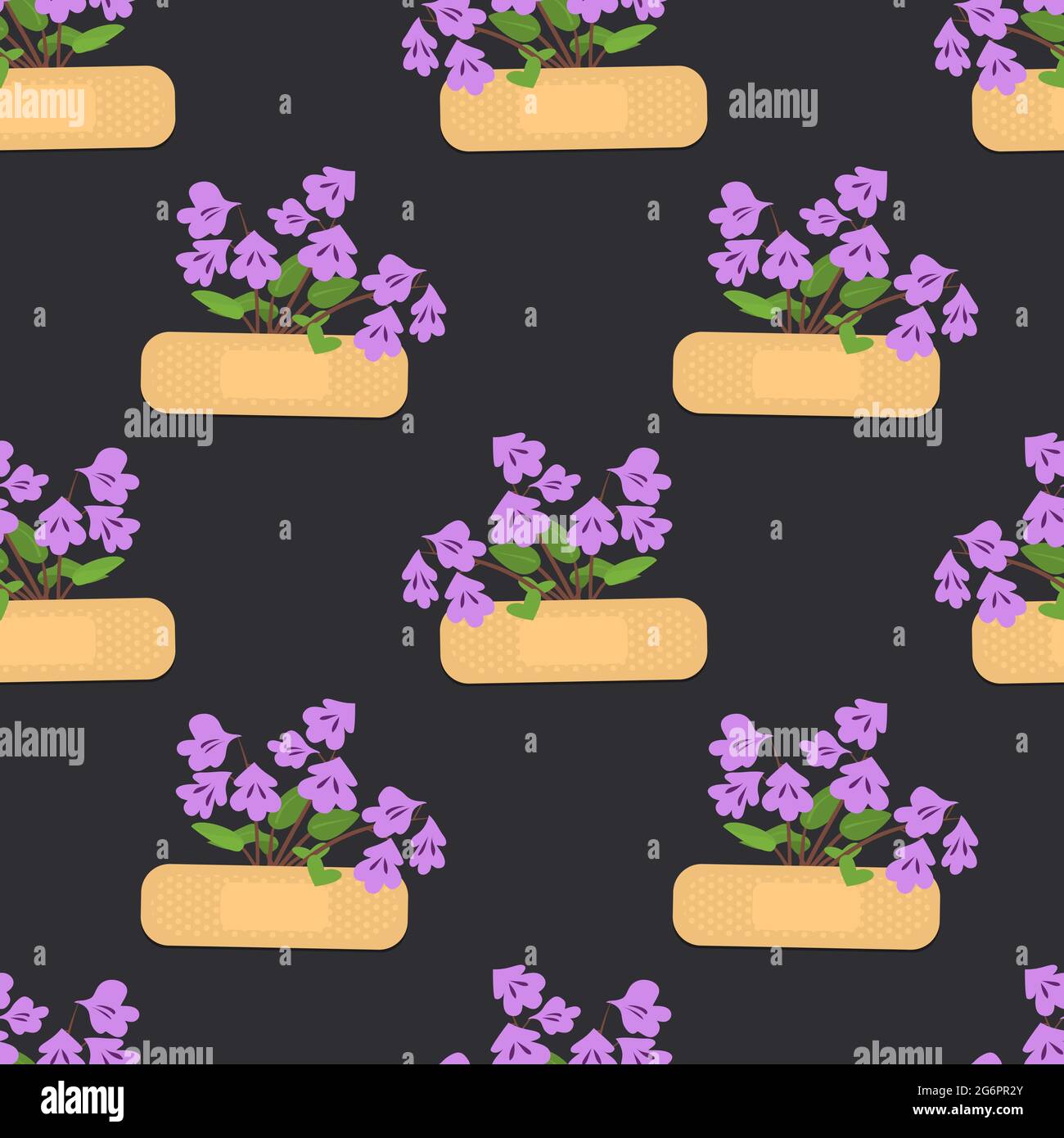 Seamless pattern with sticking plasters and purple flowers. Medical ...