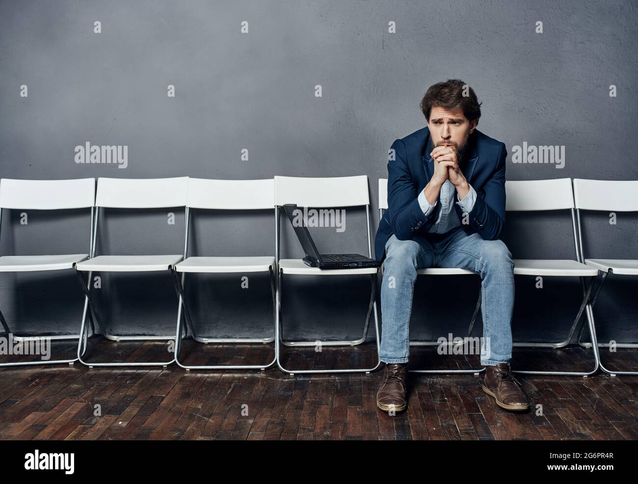 business man sitting on chair waiting job interview emotion job Stock ...