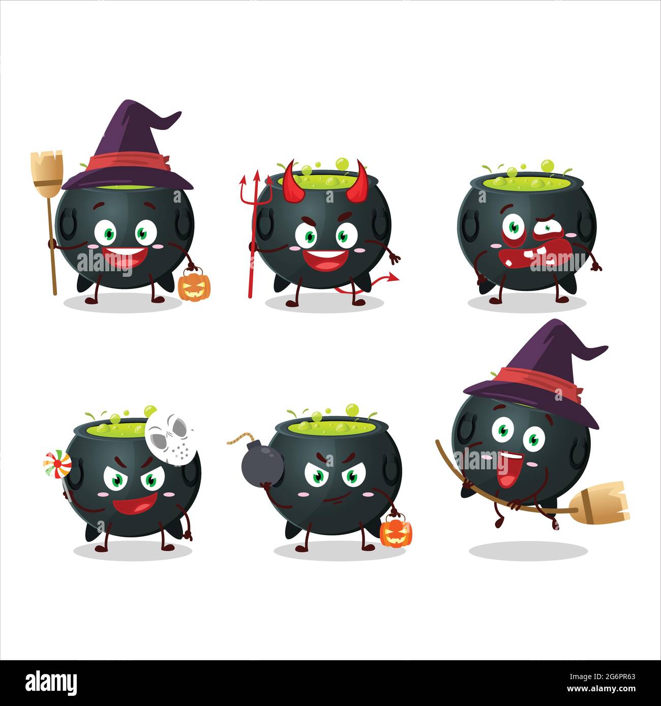 Halloween expression emoticons with cartoon character of witch cauldron ...