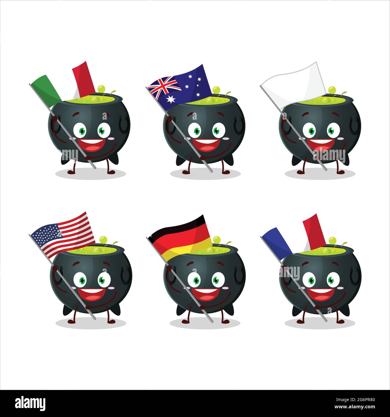 Witch cauldron cartoon character bring the flags of various countries ...