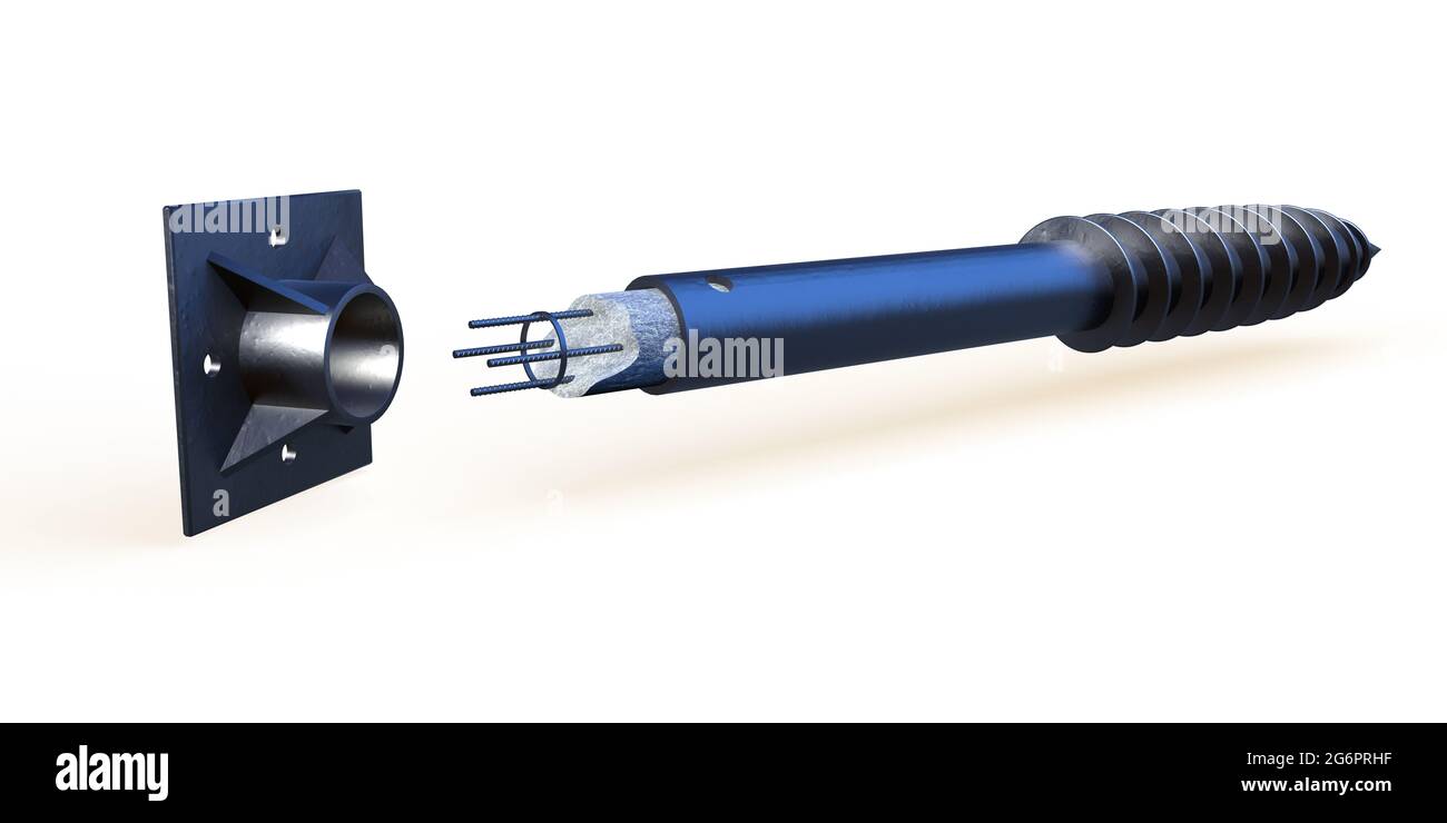 screw piers filling with cement and reinforcing - isolated industrial ...