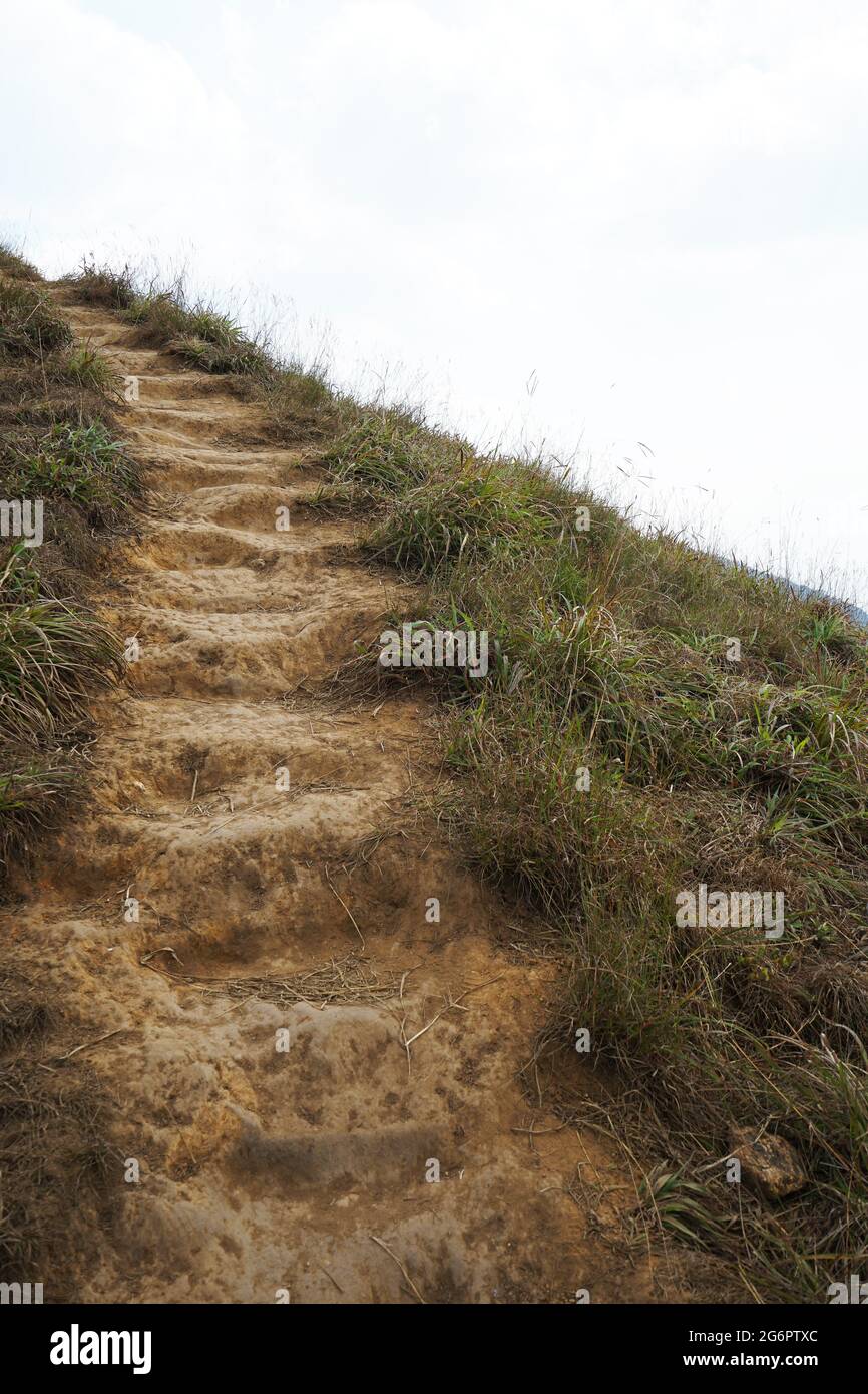 Natural grassy pathway to the mountain peak with cloudy blue sky Stock ...
