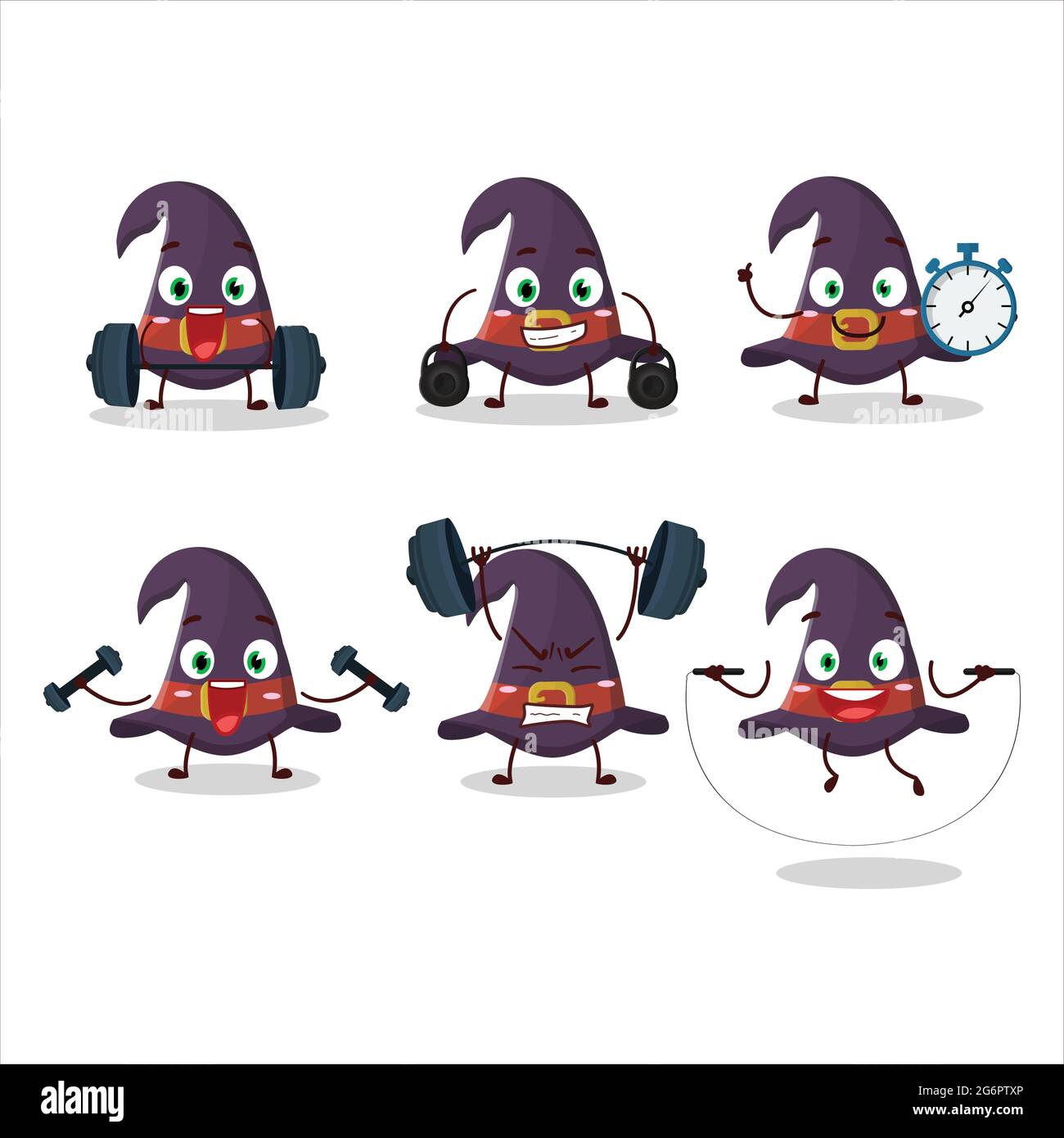 A healthy witch hat cartoon style trying some tools on Fitness center ...