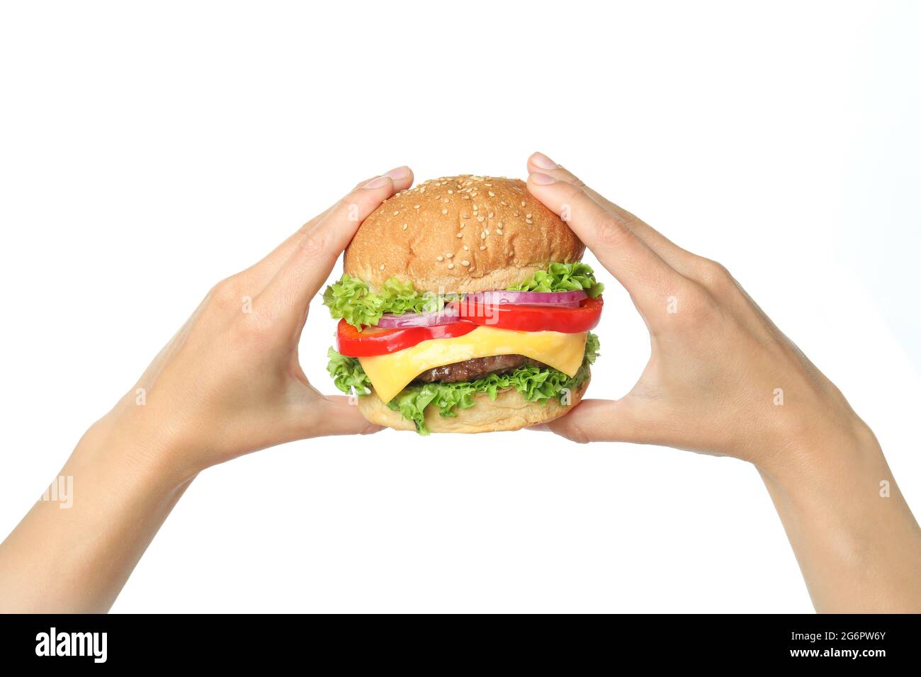 Concept of tasty food with burger isolated on white background Stock ...