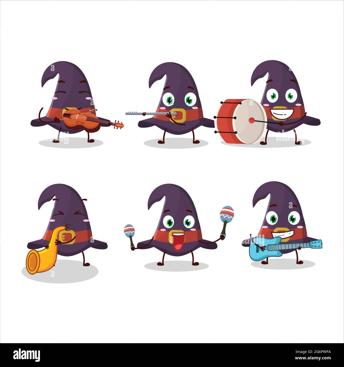 Cartoon character of witch hat playing some musical instruments. Vector ...