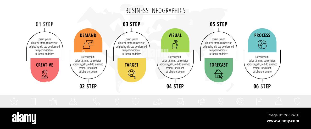 Vector 6 step line infographic labels with icons and squares. Modern ...