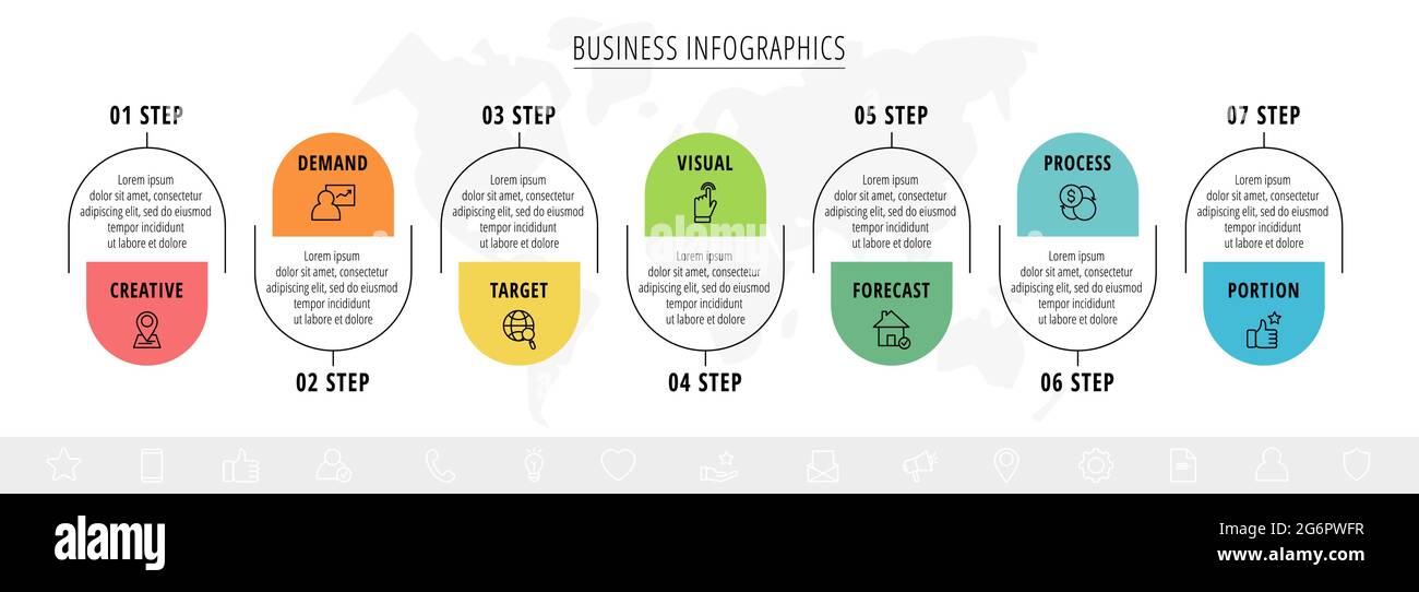 Vector 7 step line infographic labels with icons and squares. Modern ...