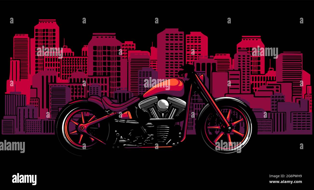 illustration bobber style motorcycle with the city in the background ...