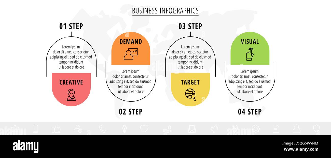 Vector 4 step line infographic labels with icons and squares. Modern ...