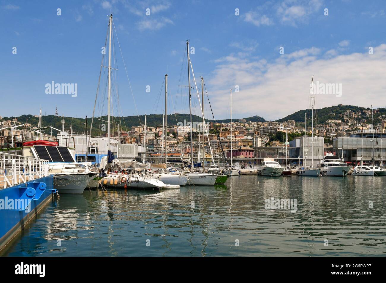 Scenic view of the Old Port (Porto Antico) with moored boats and the ...