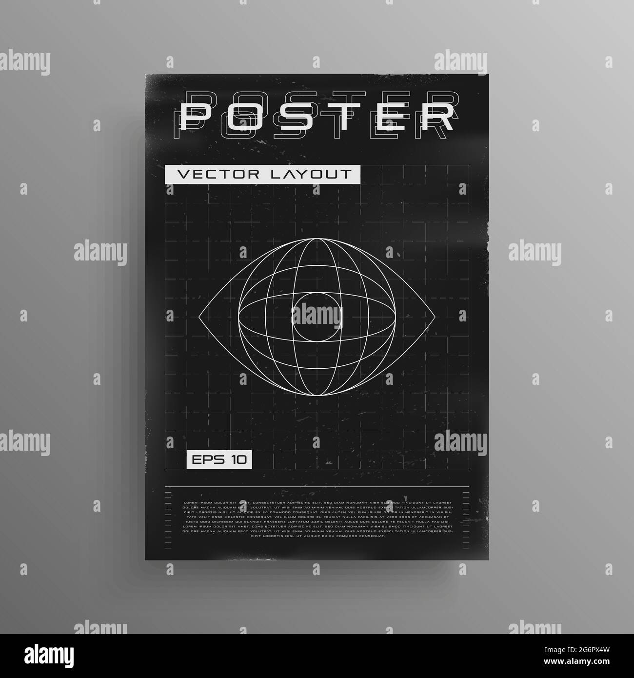 Retro cyberpunk poster with wireframe planet inside eye shape. Black and white retrofuturistic ...