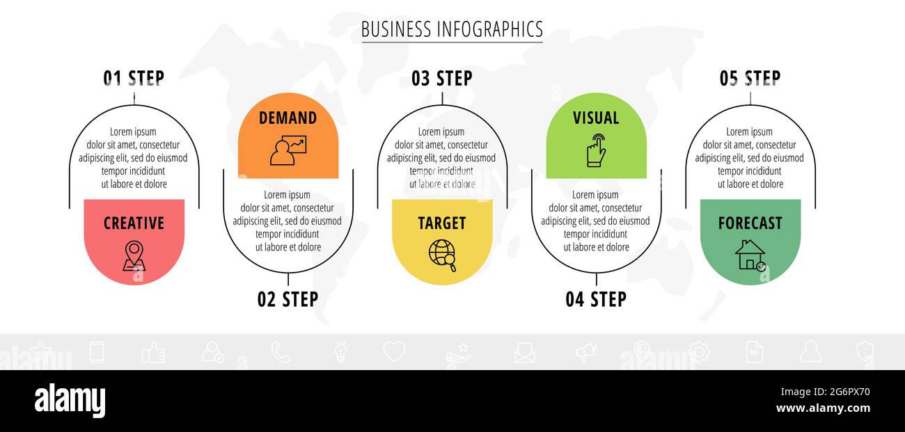Vector 5 step line infographic labels with icons and squares. Modern ...