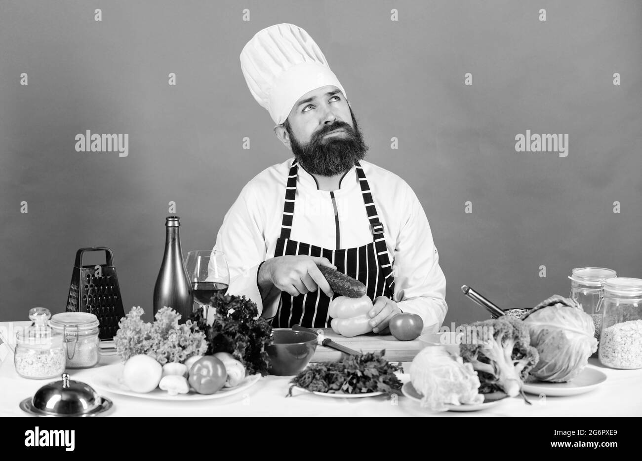 Reason in food. Bearded man cook in kitchen, culinary. Vegetarian ...